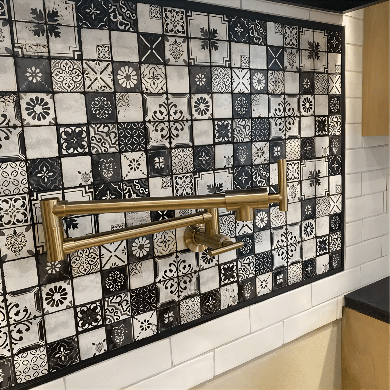 Gold Wall Mount Kitchen Faucet with Double Joint Swing Arms- Two Handle ...