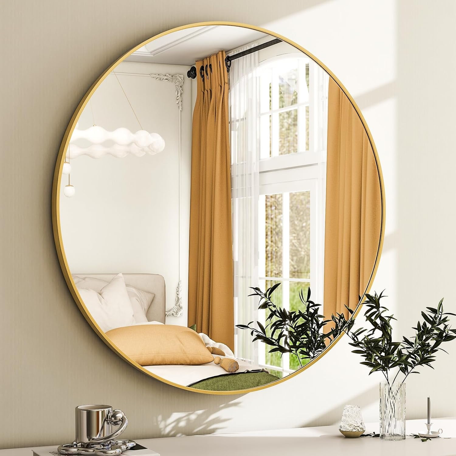 Gold Wall Mounted Circle Mirror with Metal Frame - 24 Inch Round ...