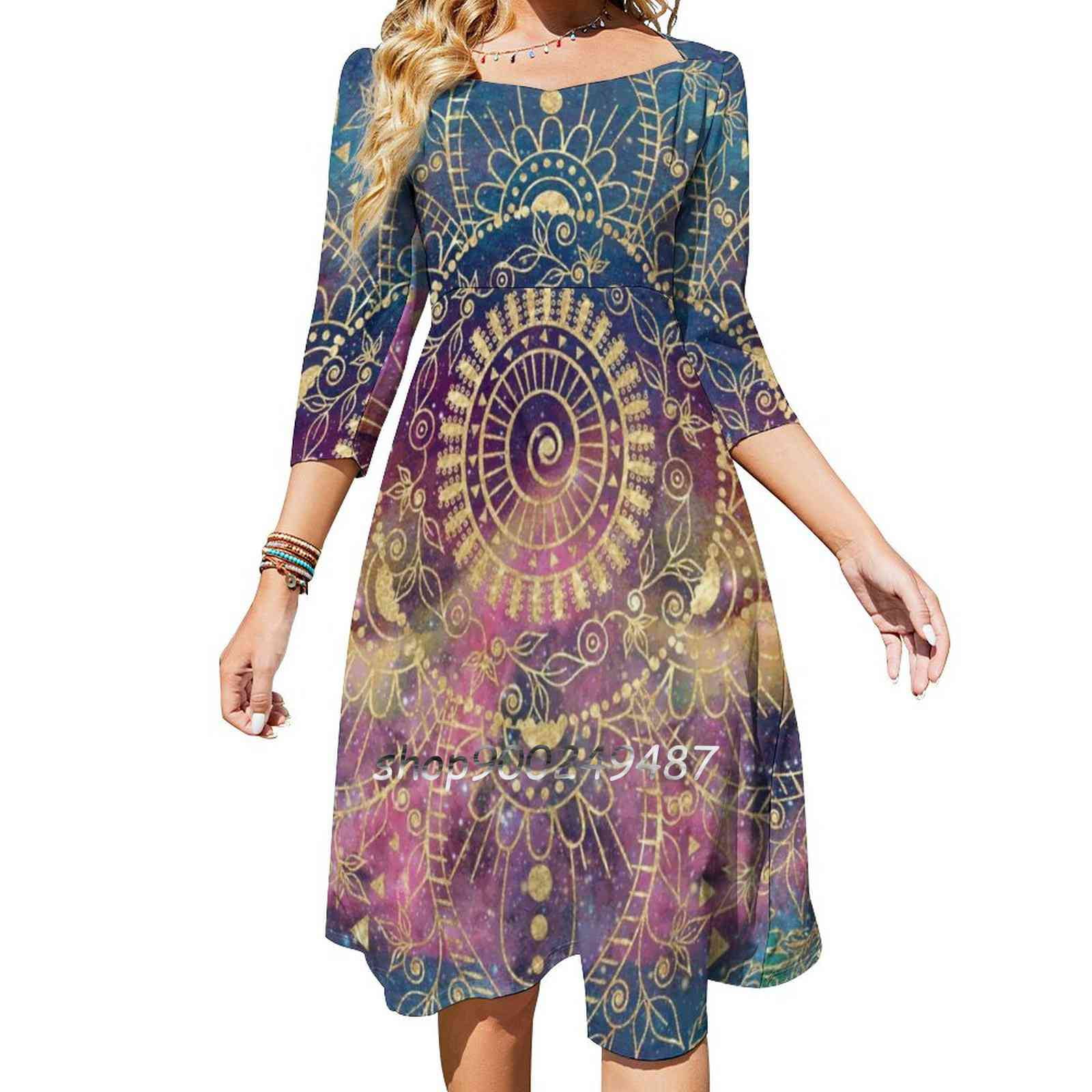 Gold Watercolor And Nebula Mandala Evening Party Dresses Midi Sexy ...