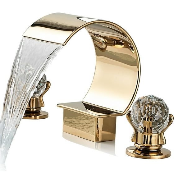 Gold Waterfall Bathroom Faucet 3 Hole Widespread Sink Basin Mixer Taps ...