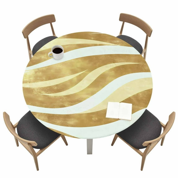 Gold Wave Round Fitted Tablecloth with Elastic Edge Abstract Table ...
