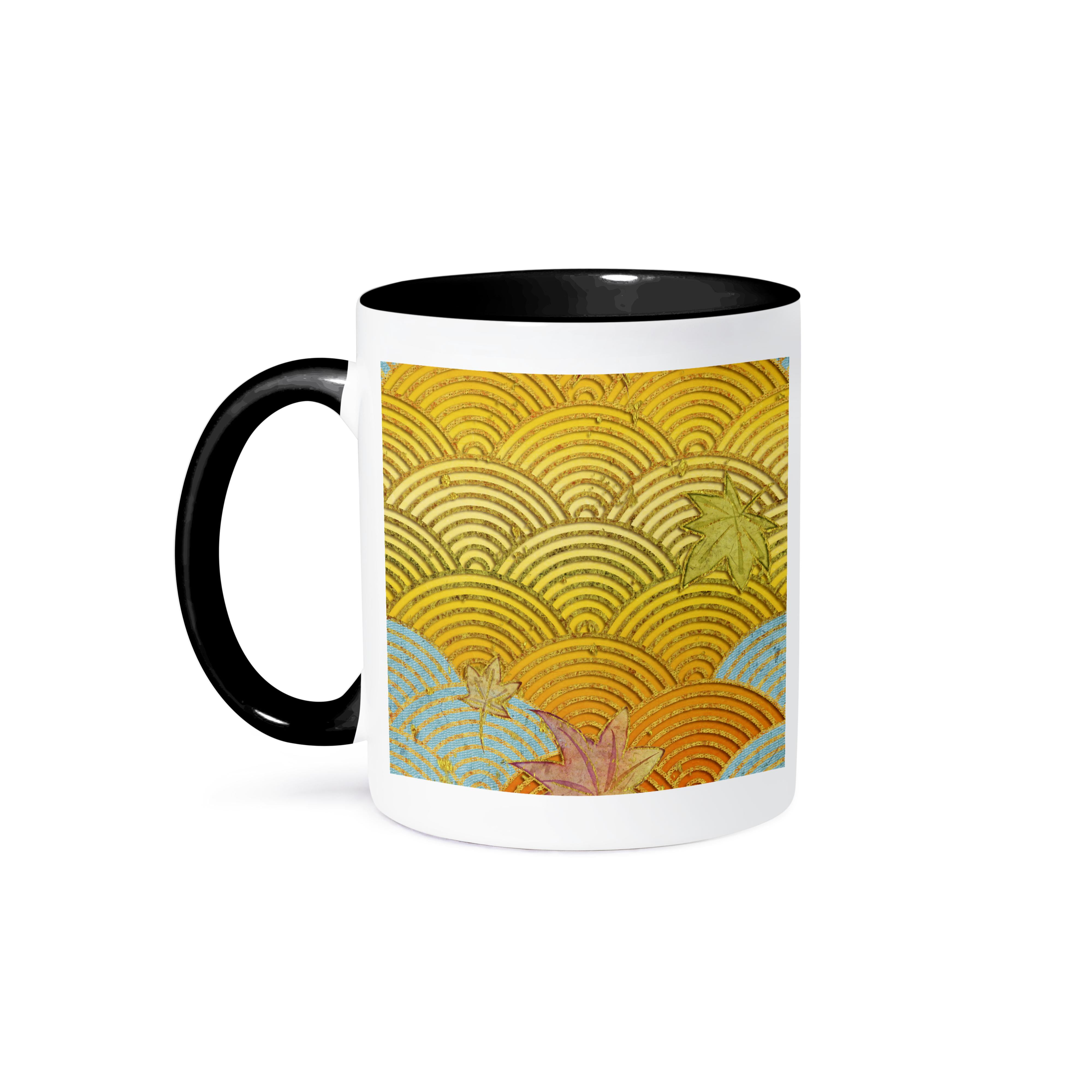 Gold Waves And Autumn Leaves In Japanese Style, 11oz Two-Tone Black Mug ...