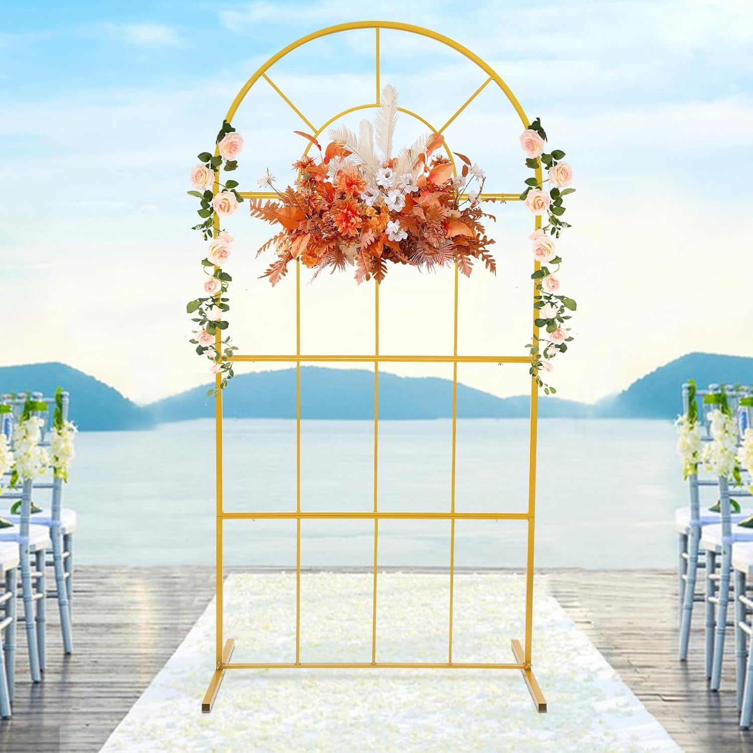 Gold Wedding Arch Stand with Mesh for Ceremony Modern Metal Balloon ...