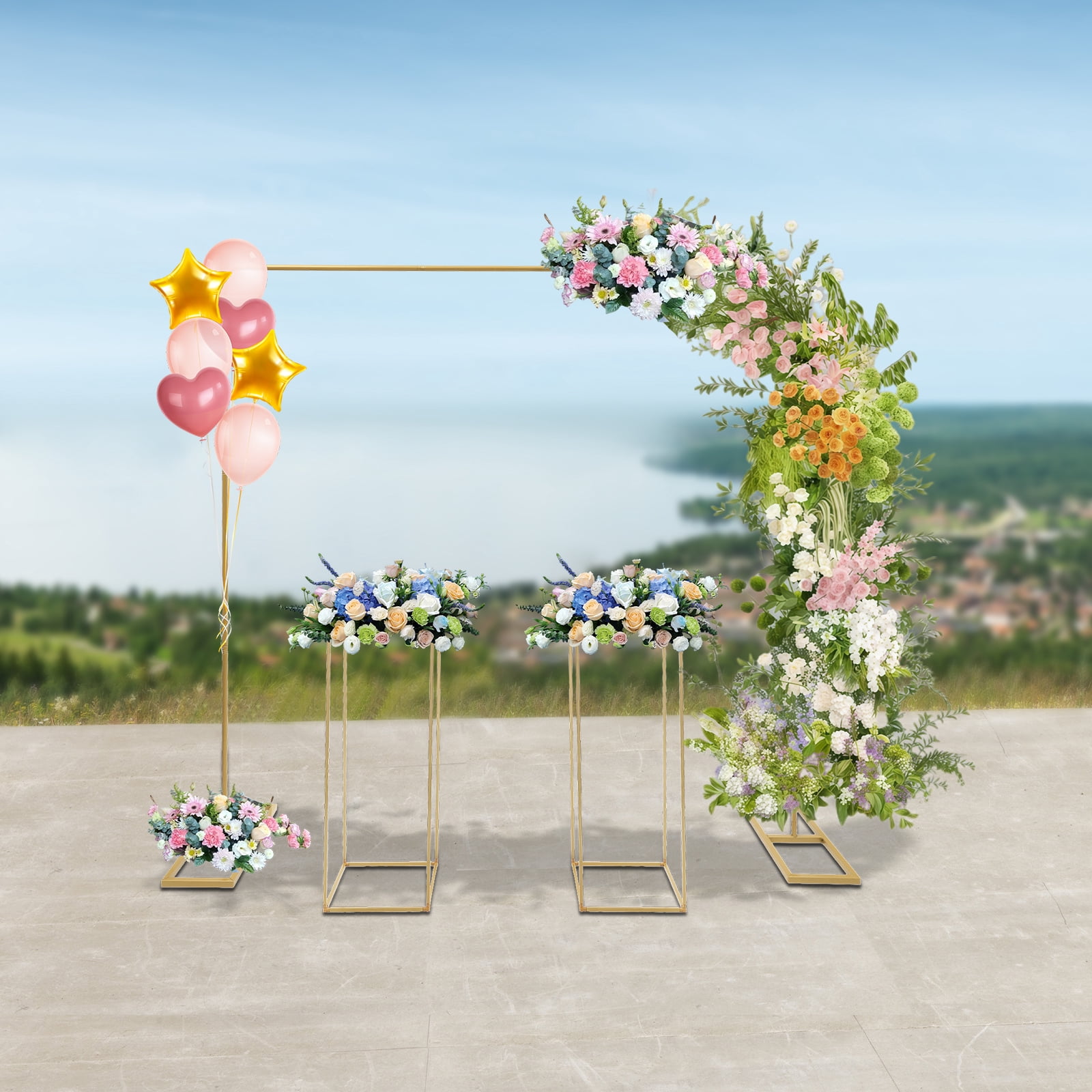 Gold Wedding Backdrop Stand Set - 6.56ft Balloon Arch & 2 Flower Stands ...