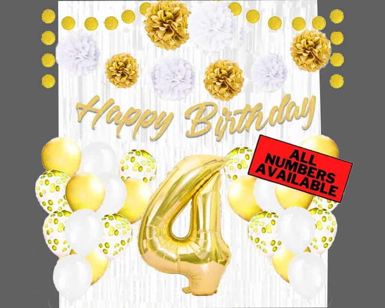 Gold & White 4th Birthday Decorations - 40" Number Balloons & More ...