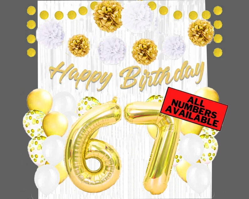 Gold & White 67th Birthday Decorations - 40" Number Balloons & More ...