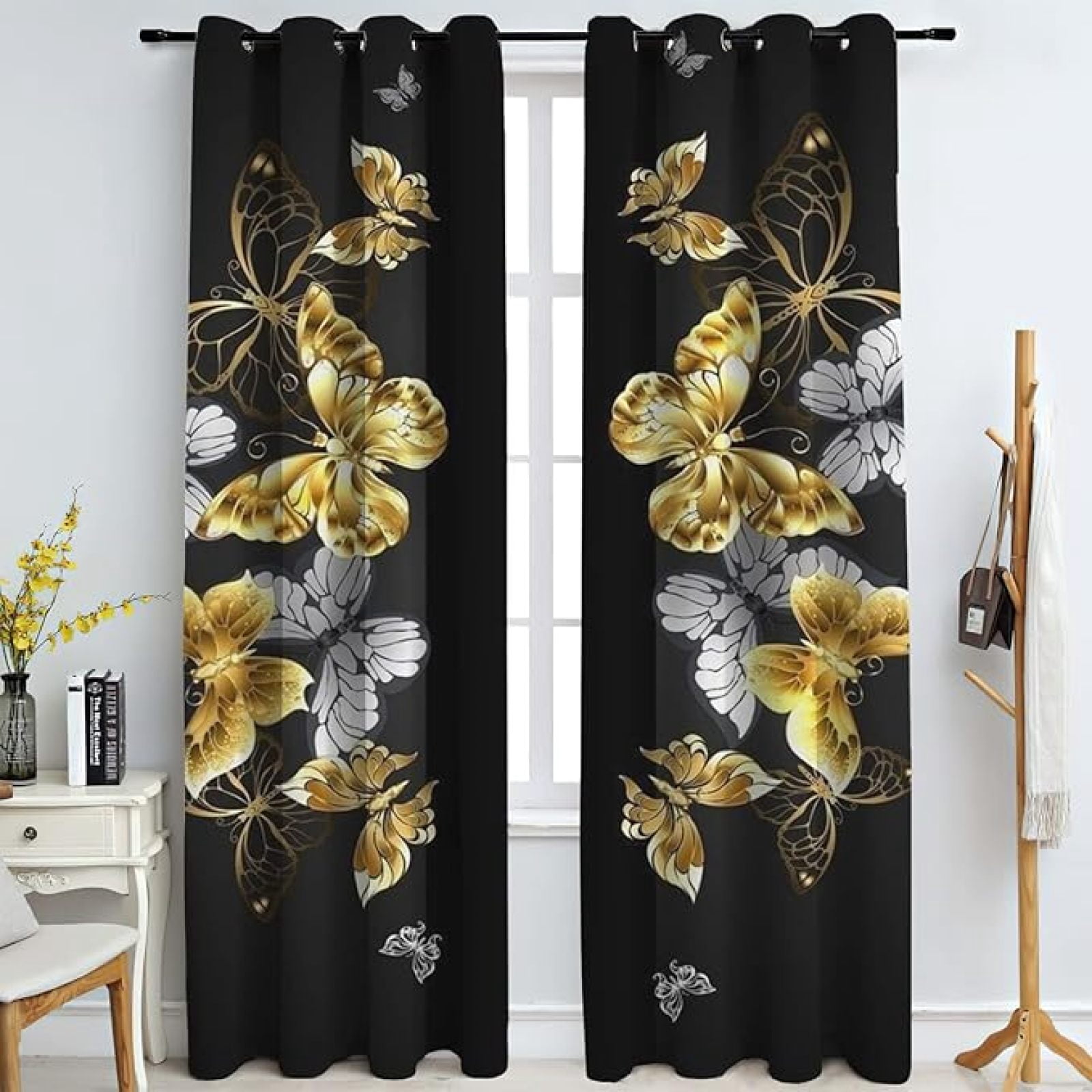 Gold White Butterflies Black Window Curtain Panel, Blackout Privacy ...