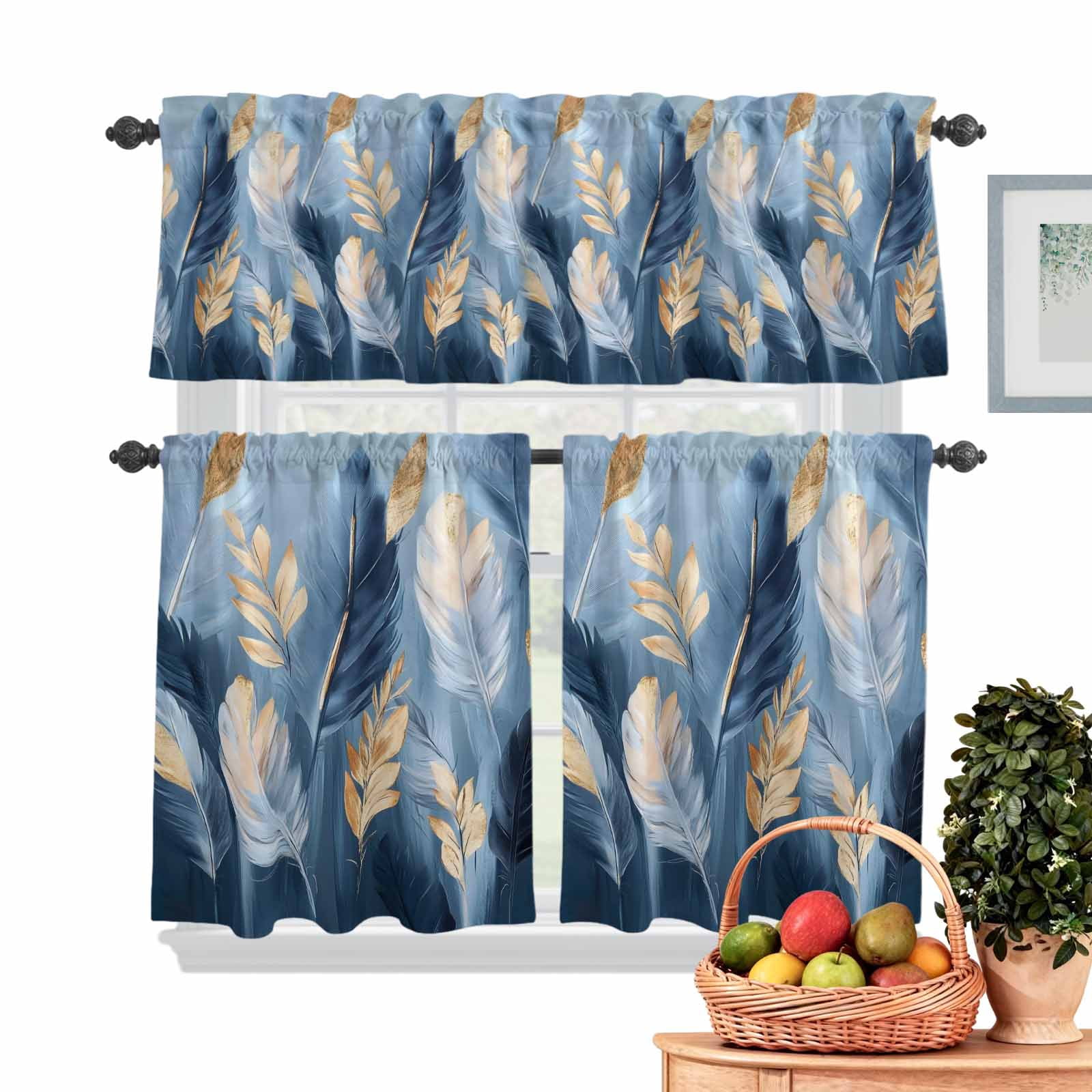 Gold White Feather Kitchen Curtains Valances 3 Piece Set, Modern Rod ...