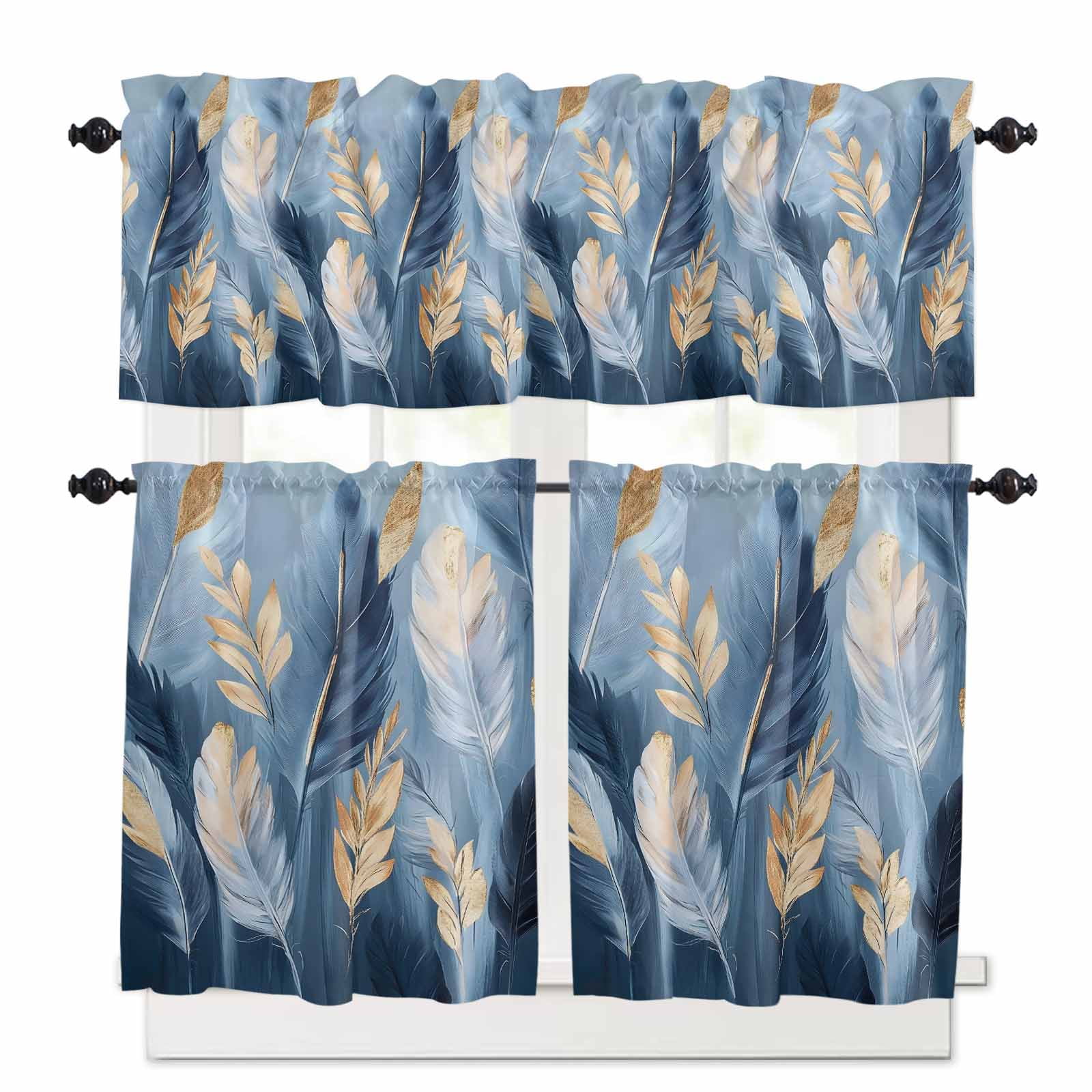 Gold White Feather Kitchen Curtains and Valances Set, Modern Oil ...