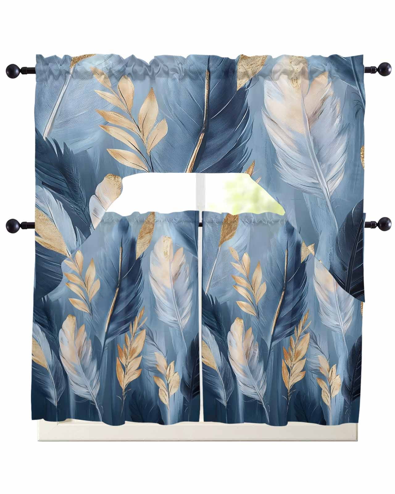Gold White Feather Swag Valance and Tier Curtains Set Modern Oil ...