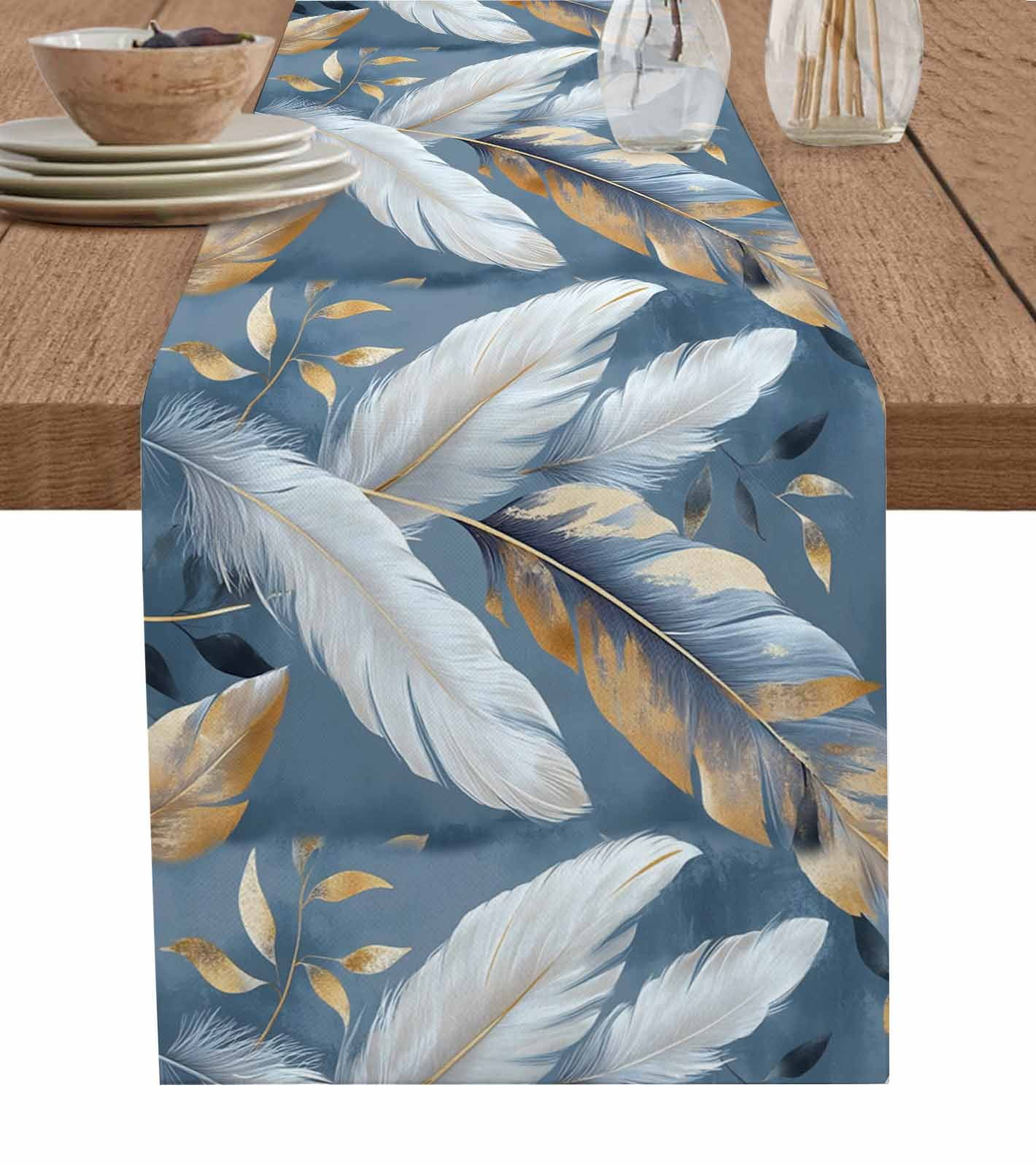 Gold White Feather Table Runner 72 Inches, Modern Spring Blue Leaf Oil Painting Bed Runner ...