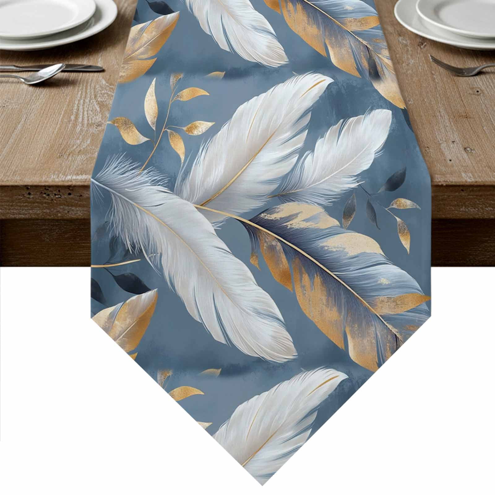 Gold White Feather Table Runner Linen Burlap Table Runner 72 Inches ...