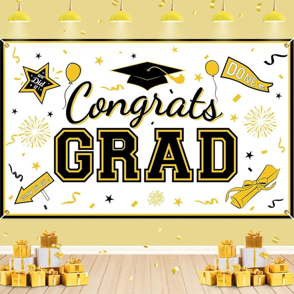 Gold White Graduation Banner Decorations White Gold Black Congrats Grad ...