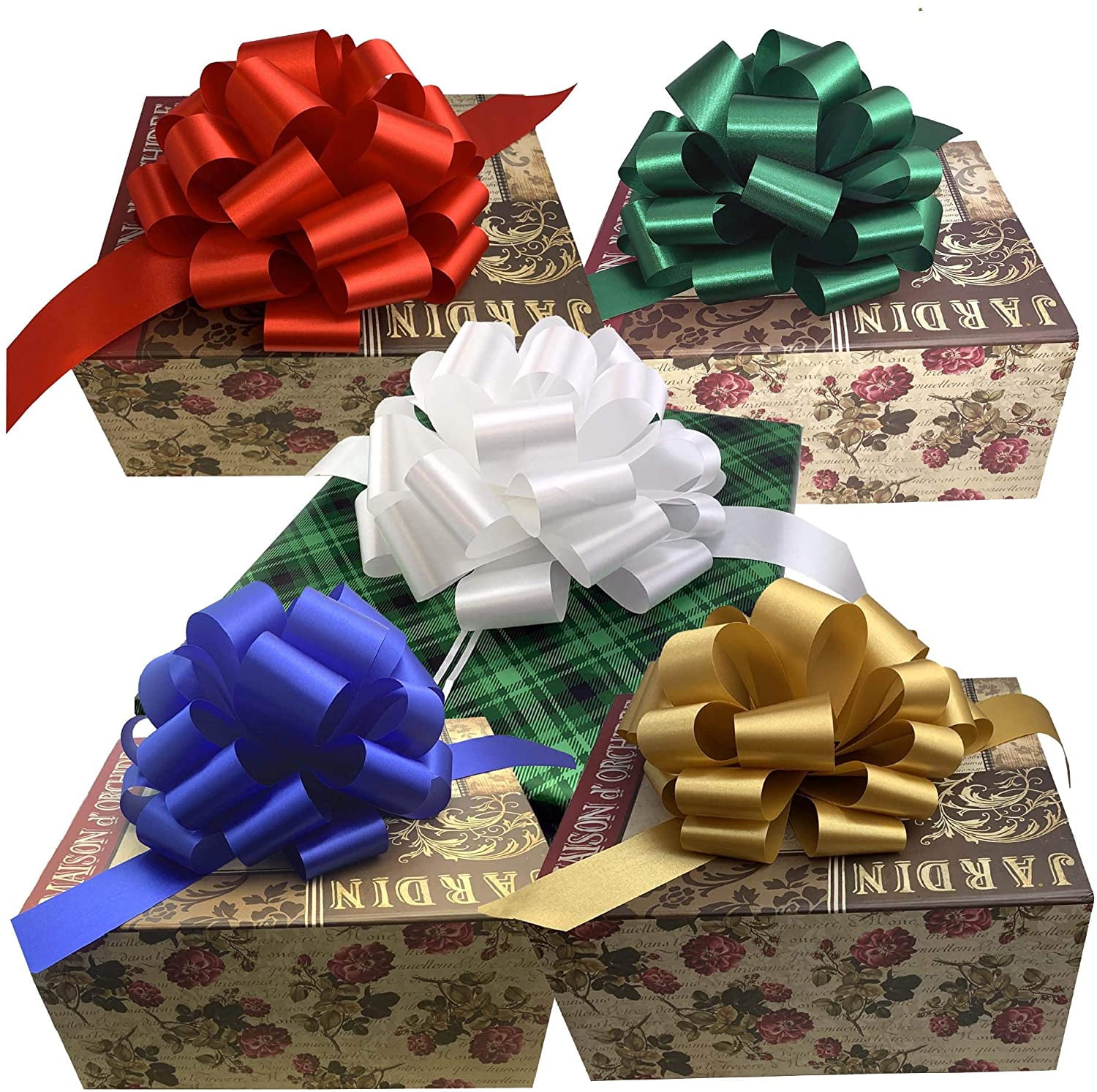 Gold, White, Green, Blue, Red Pull Bows for Large Gifts - 9" Wide, Set ...