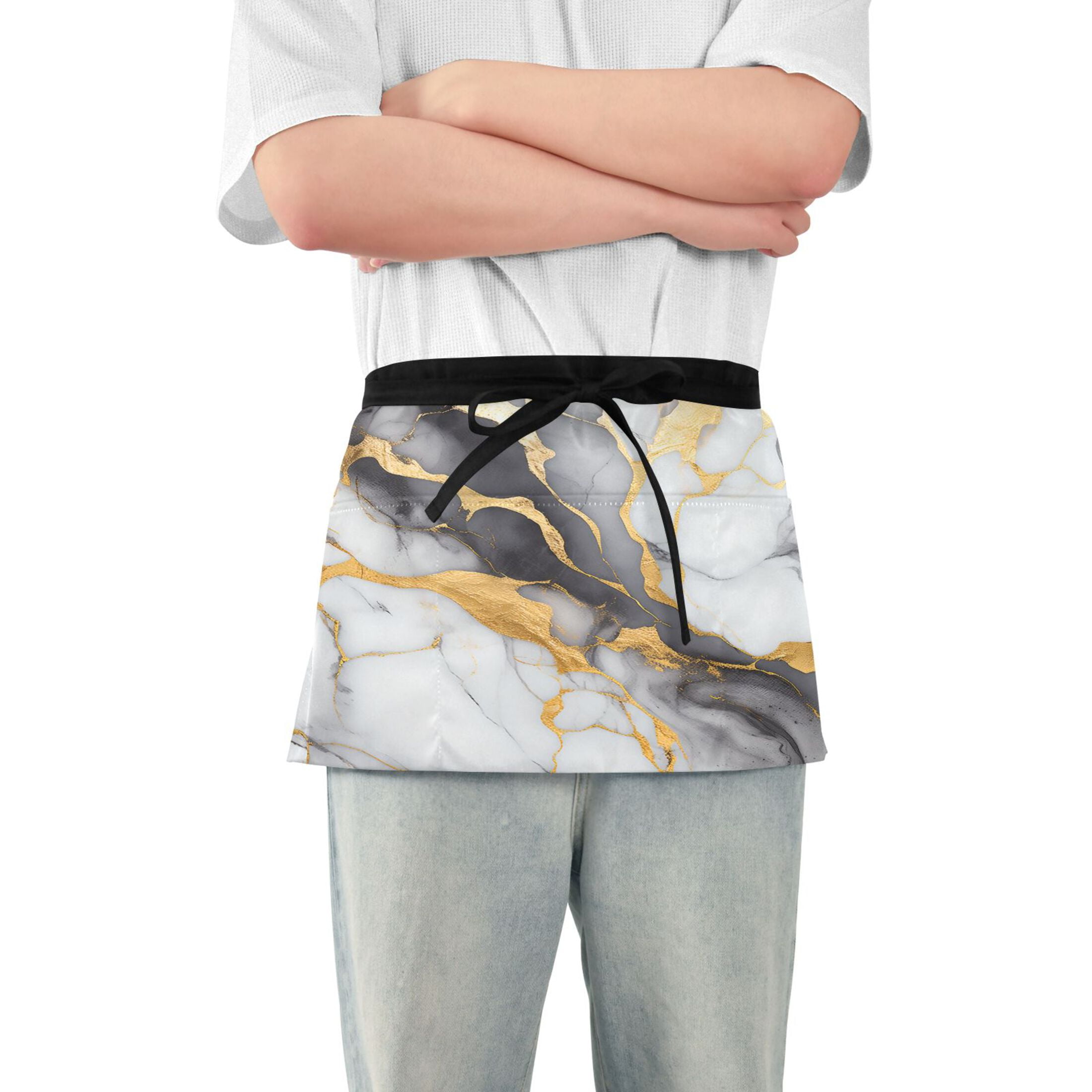 Gold White Ink Marble Server Apron with 3 Pockets Waterproof Waitress ...