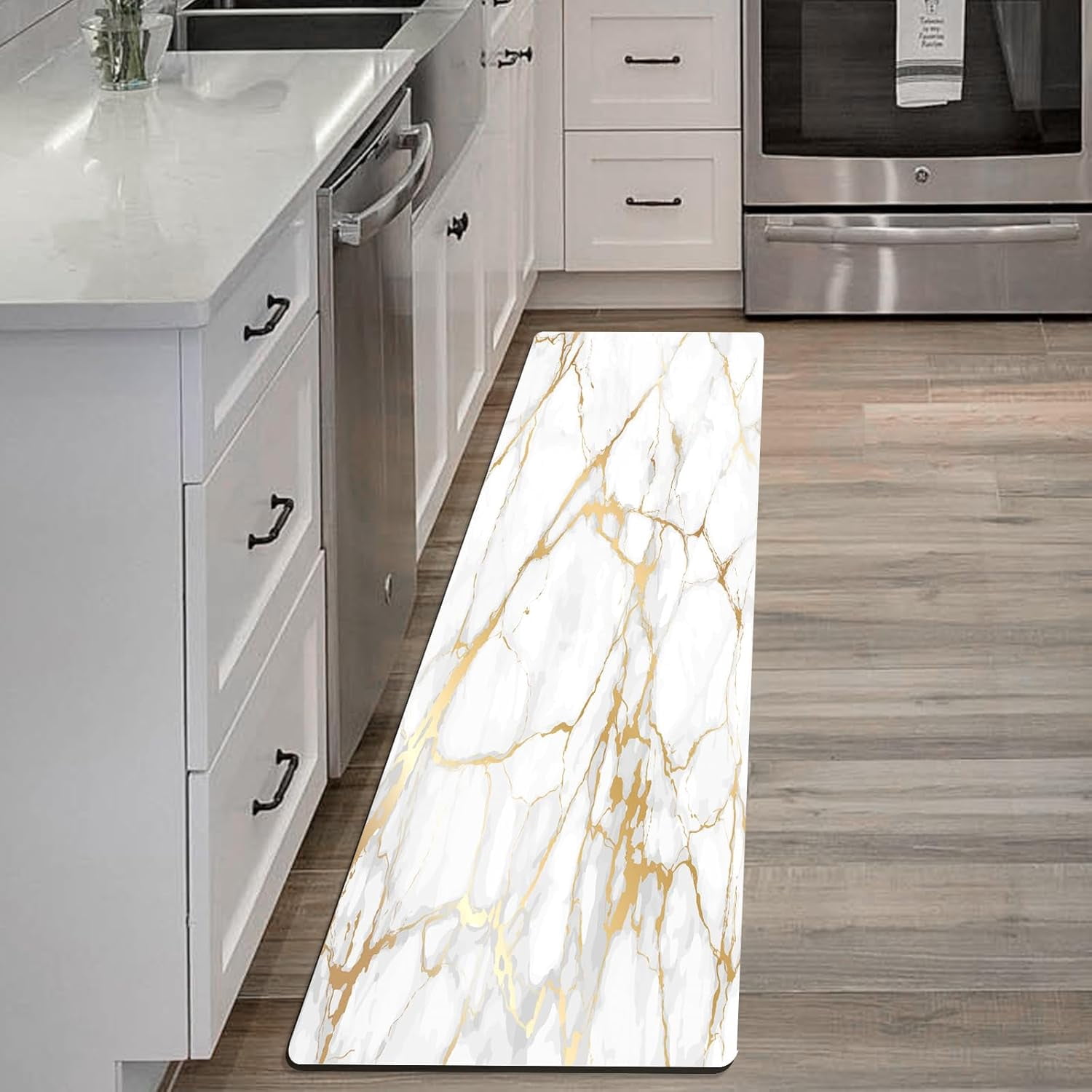 Gold White Kitchen Rugs Cushioned Anti Fatigue Marble Kitchen Runner ...