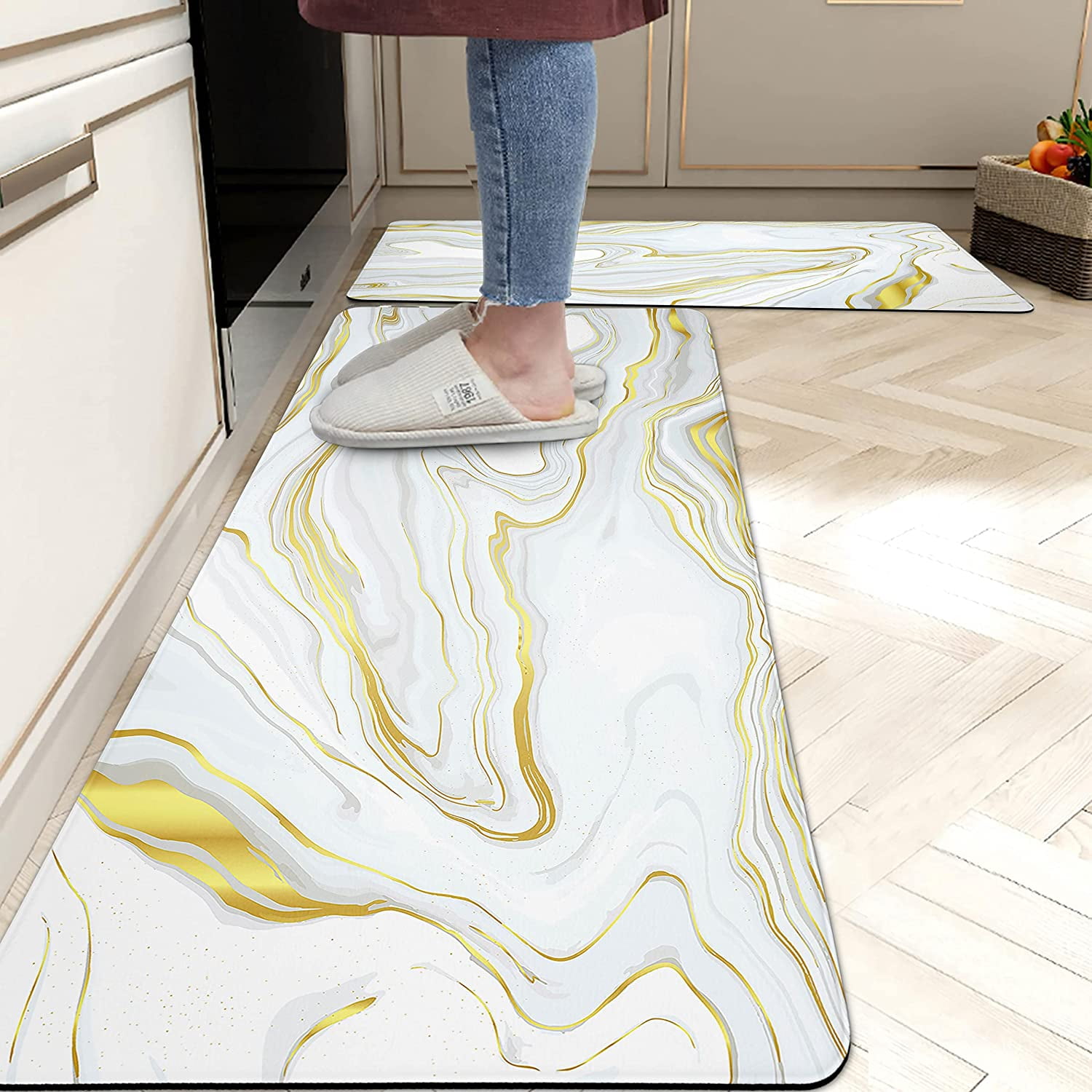 Gold and White Kitchen Rugs Cushioned Anti Fatigue Marble Kitchen Mats ...