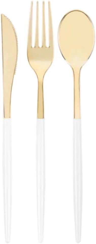 [Gold-White] Plastic Two Tone Gold White Disposable Silverware 32 Piece ...