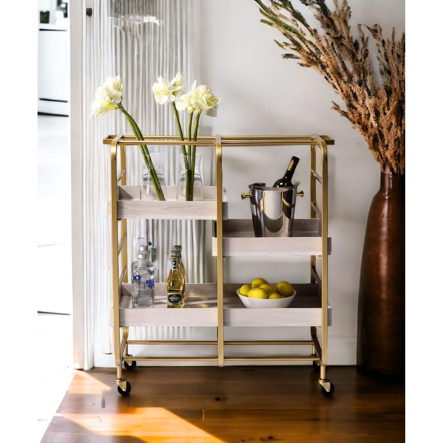Gold & White Rectangular Serving Cart, Metal Frame & 3 Trays | 3 Open ...