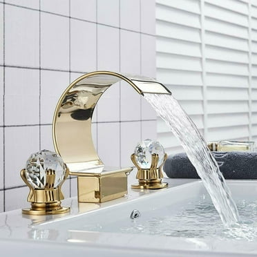 Gold Bathroom Sink Faucet Widespread 3-Hole 2 Swan Handles Deck Mount ...