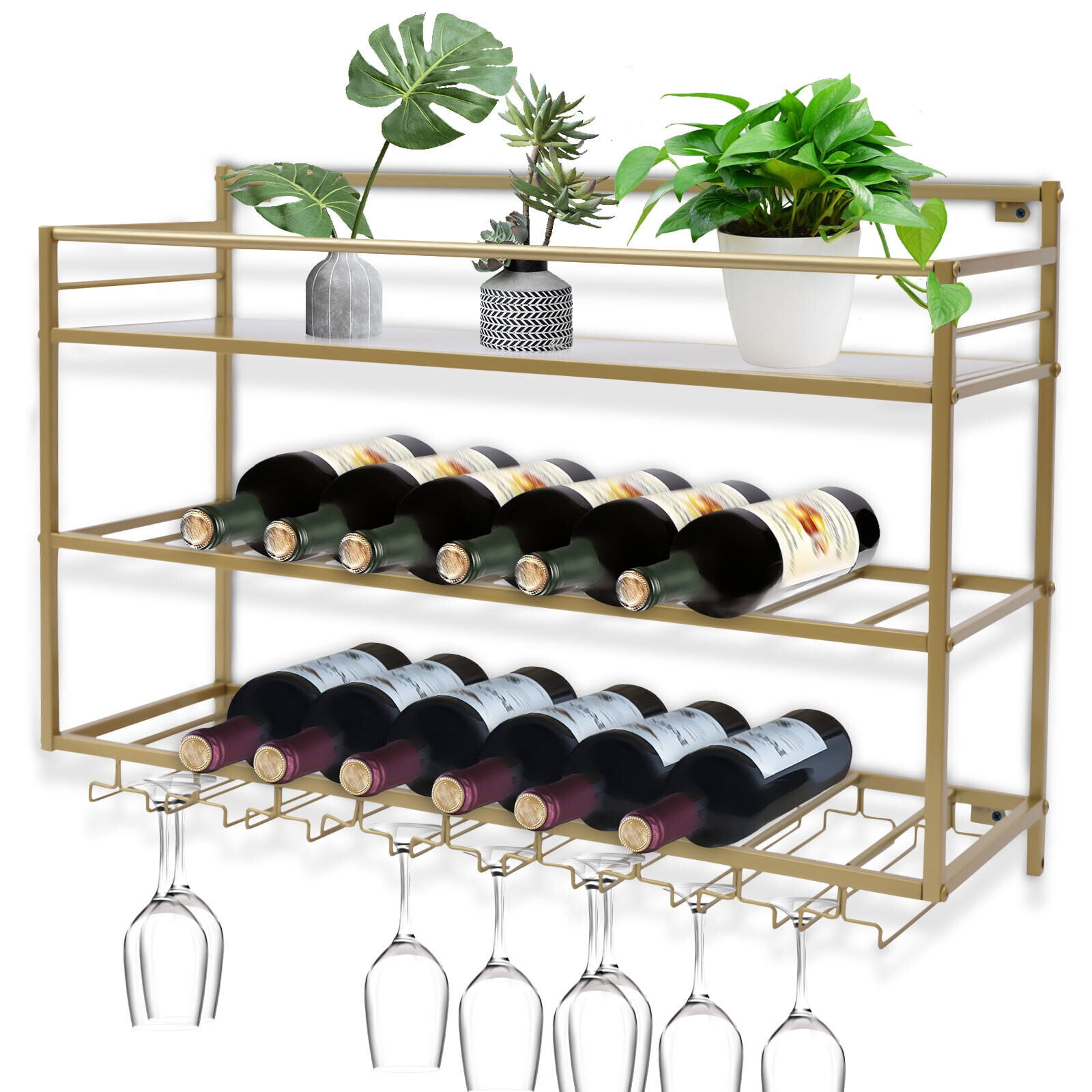 Gold Wine Rack Wall Mounted Hanging Shelf Wine Display Organizer with ...