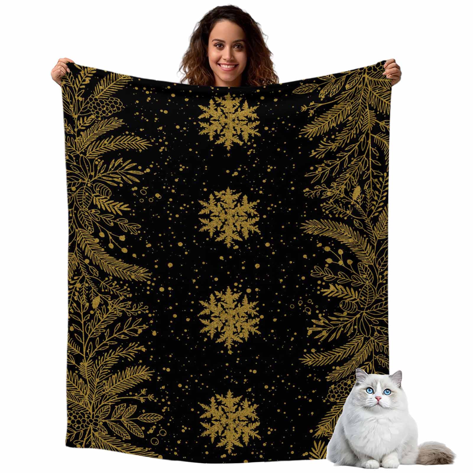 Gold Winter Snowflakes Fleece Throw Blanket Lightweight Plant Pine ...