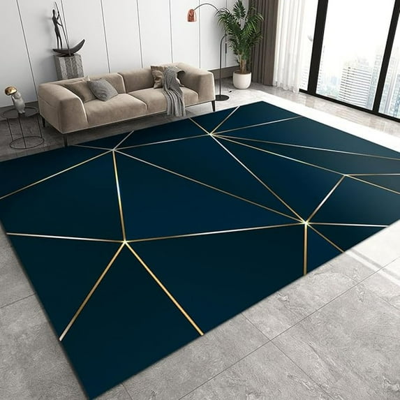 Gold Wire Connection Segmentation Polygonal Pattern Area Rug, Blue ...