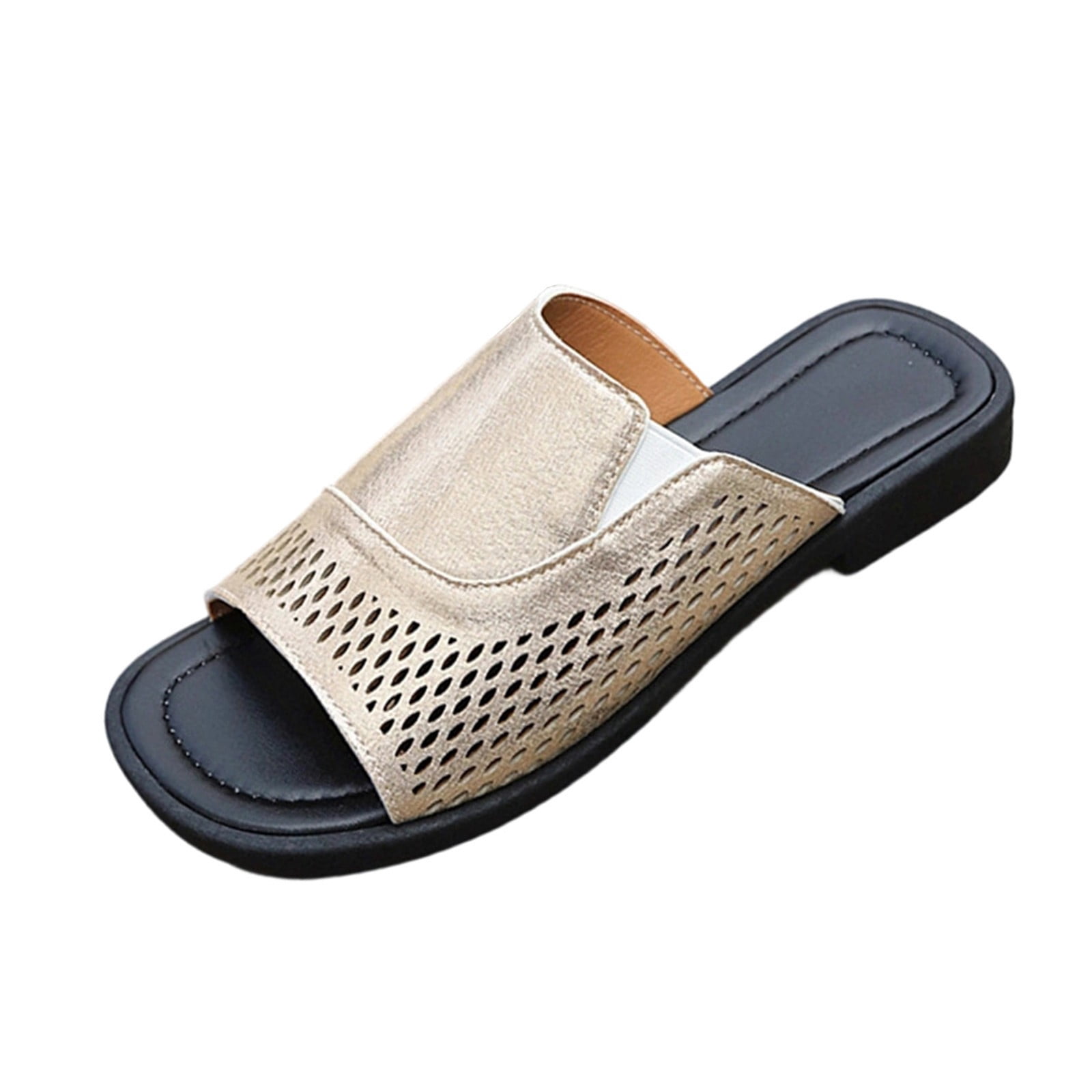 Gold Women Plus Size Open Toe Flat Shoes Pu Slippers Round Toe Casual ...