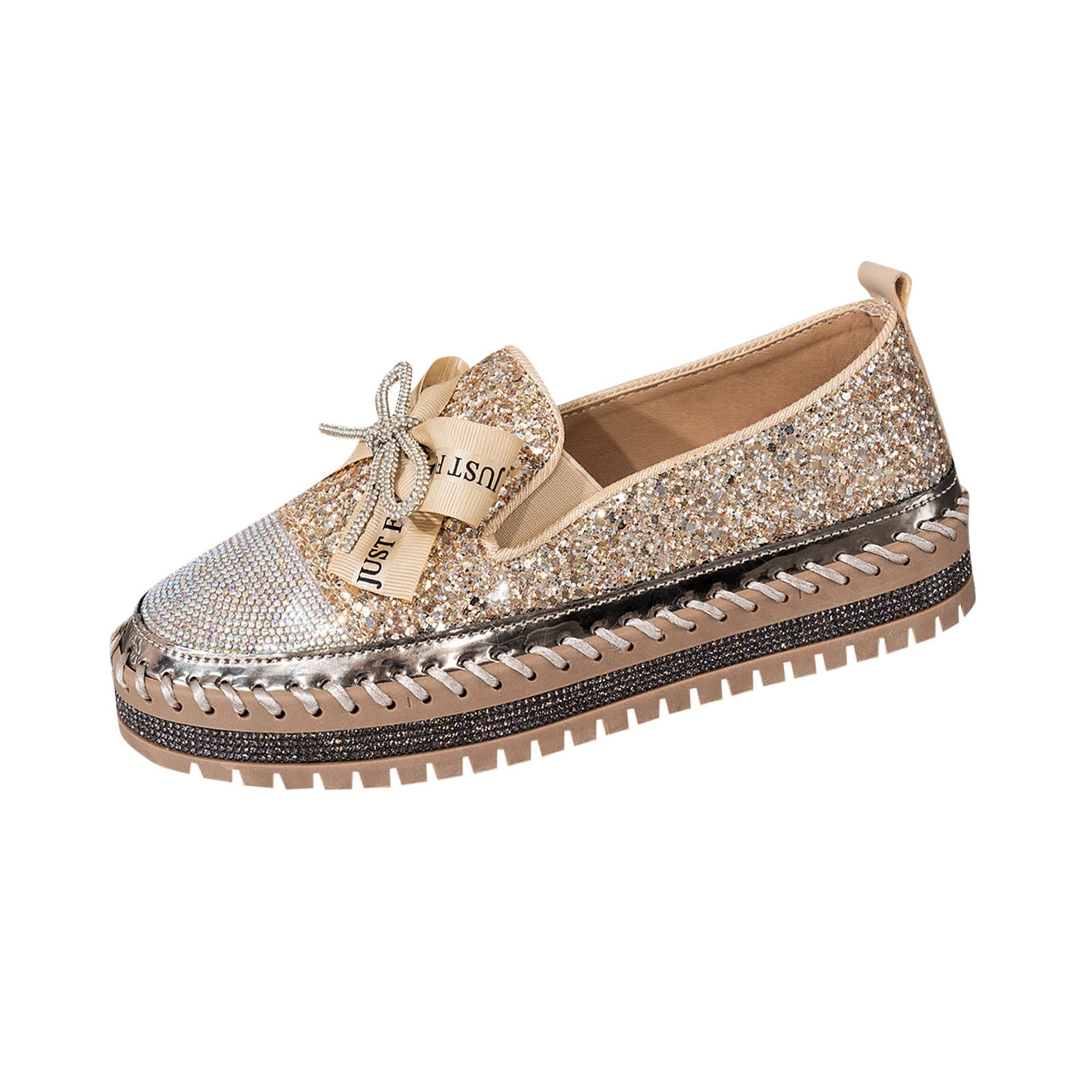 Gold Womens Bow-Knot Flat Shoes With Rhinestone And Thick Sole Sequined ...