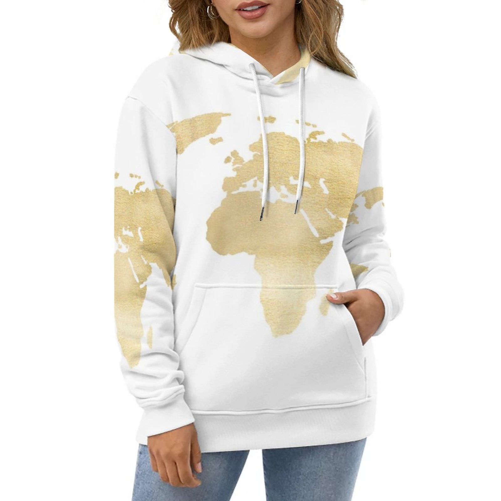 Gold World Map Hooded Sweatshirt Men And Women Print Pullovers ...