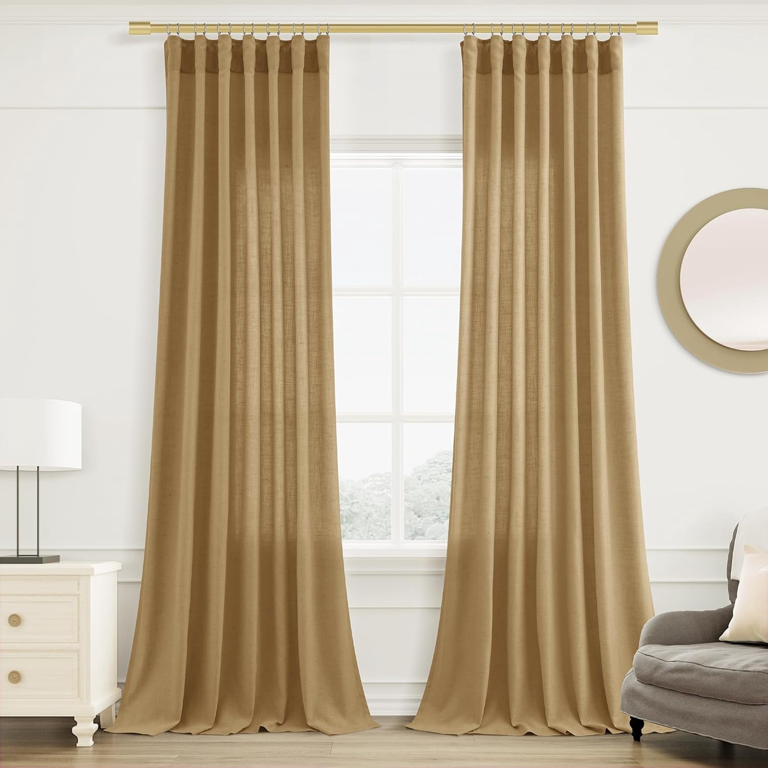 Gold Yellow Linen Semi-Sheer Curtains 96" Long, Light Filtering Boho ...