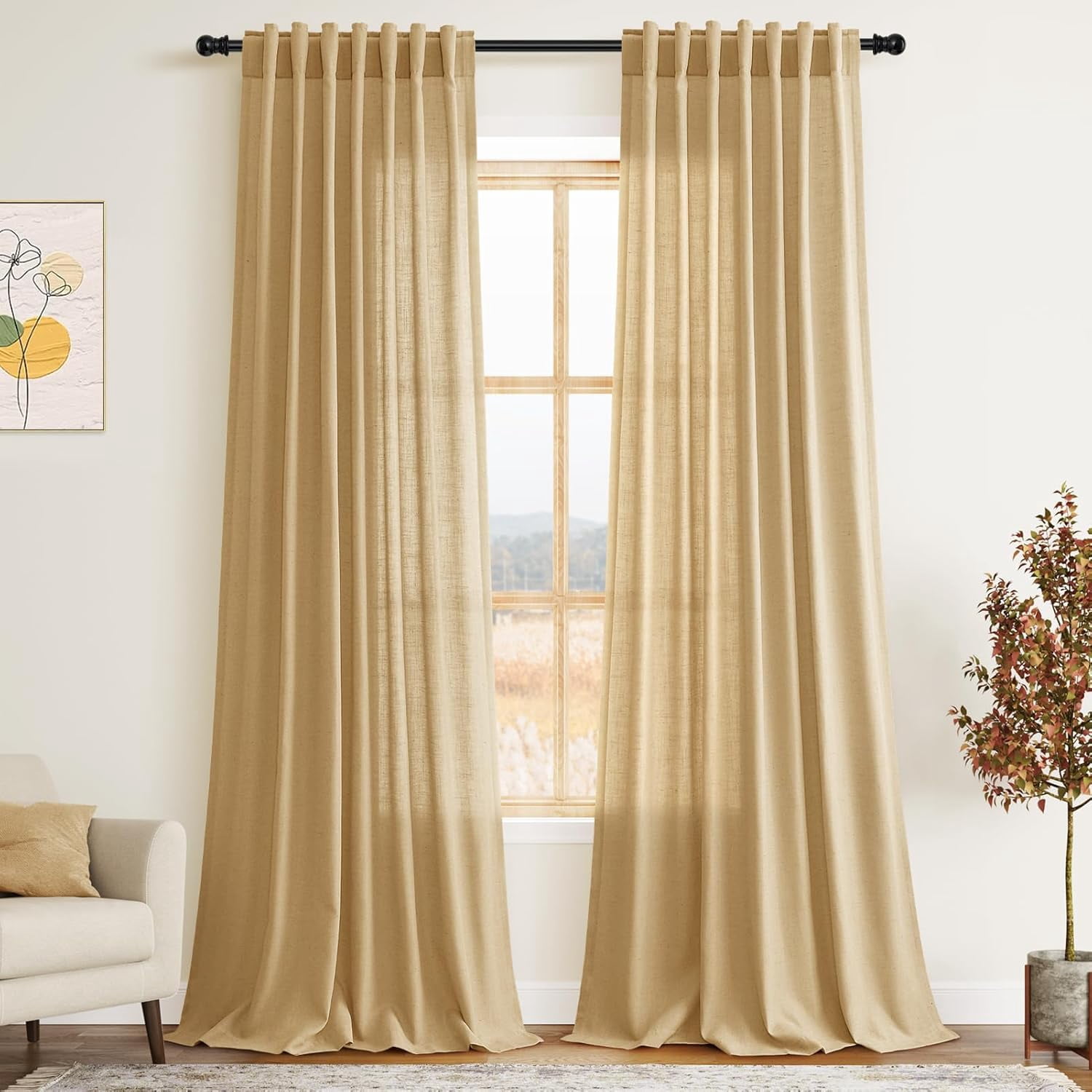 Gold Yellow Linen Sheer Curtains 102" Long, Light Filtering Semi-Sheer ...