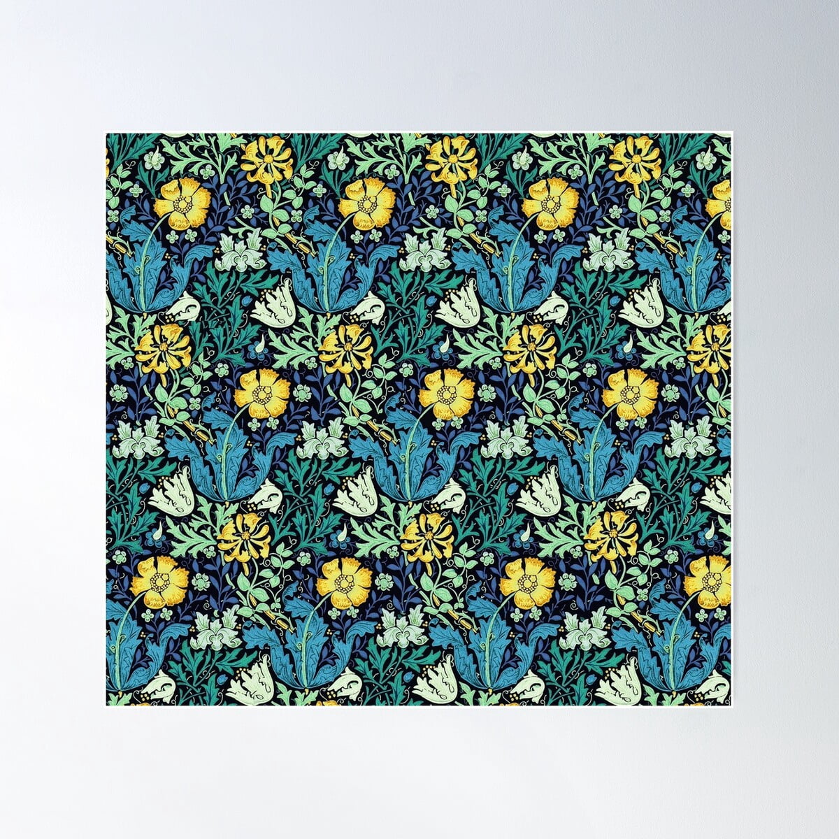 Gold Yellow Roses ,Honeysuckles,Irises, Green Leaves Art Nouveau Floral ...