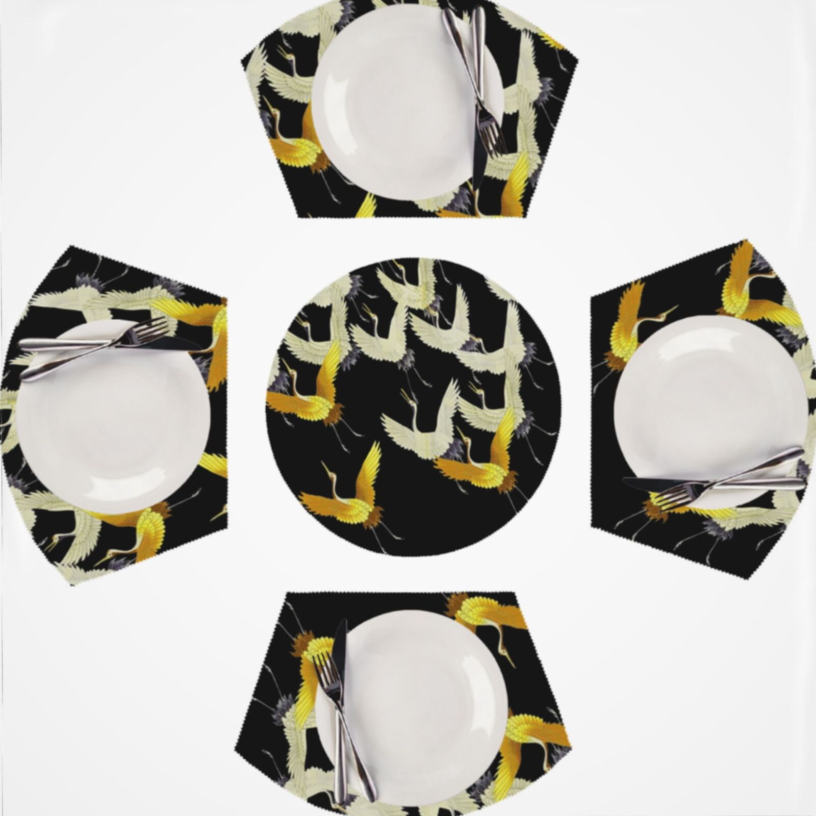 Gold Yellow White Flying Cranes In Black Japanese Pattern Round Table Placemats Set Of 5 Wedge ...