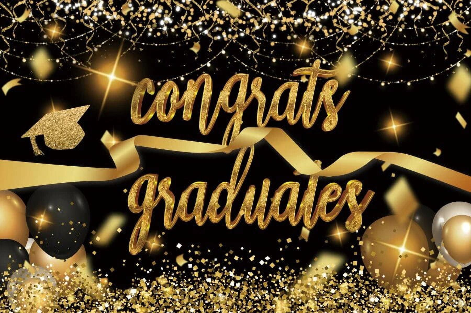 Gold and Black Congrats Grad Backdrop Golden Stars Balloons Trencher ...