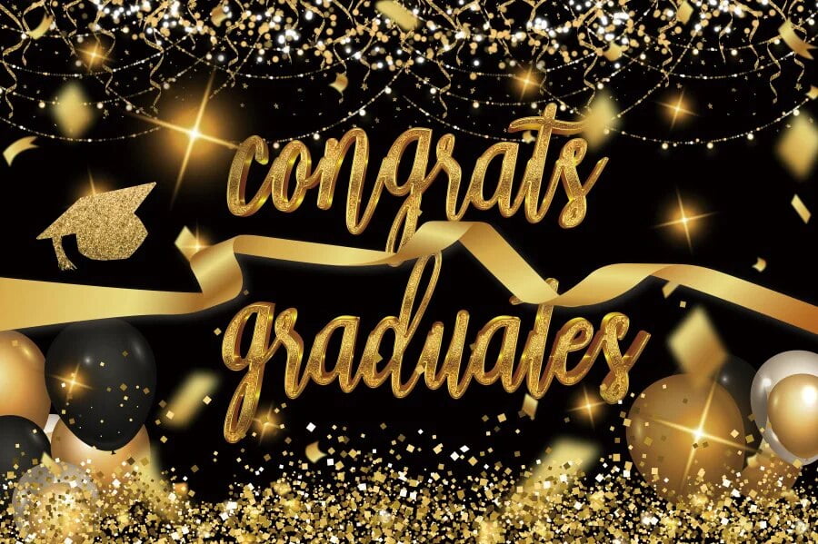 Gold and Black Congrats Grad Backdrop Golden Stars Balloons Trencher ...