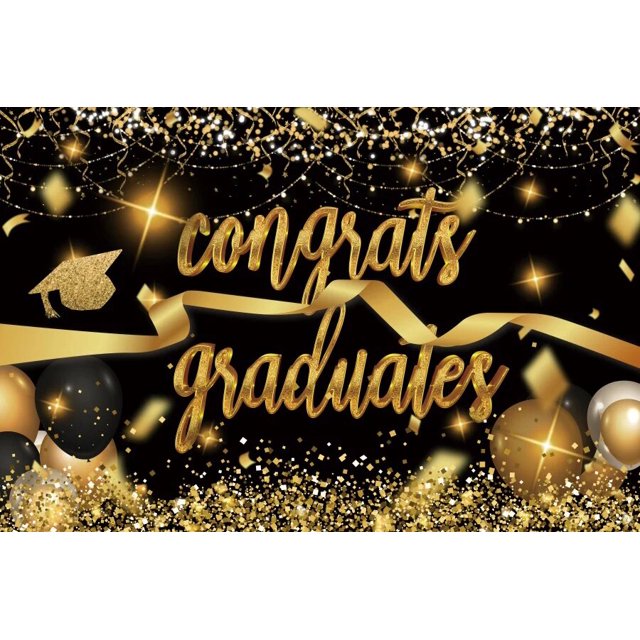 Gold and Black Congrats Grad Backdrop Golden Stars Balloons Trencher ...