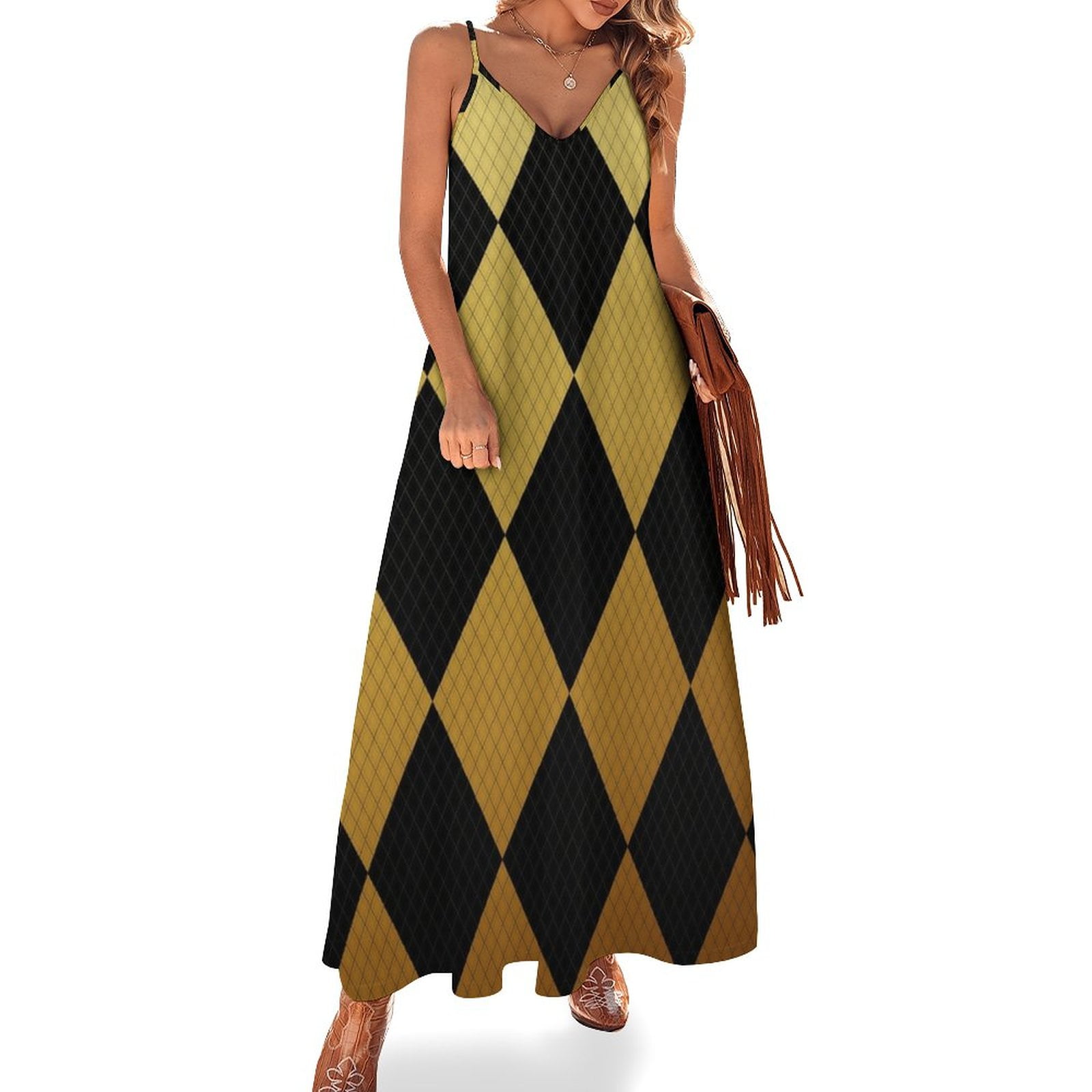 Gold and Black Diamonds Sleeveless Dress Bridesmaid dress woman summer ...