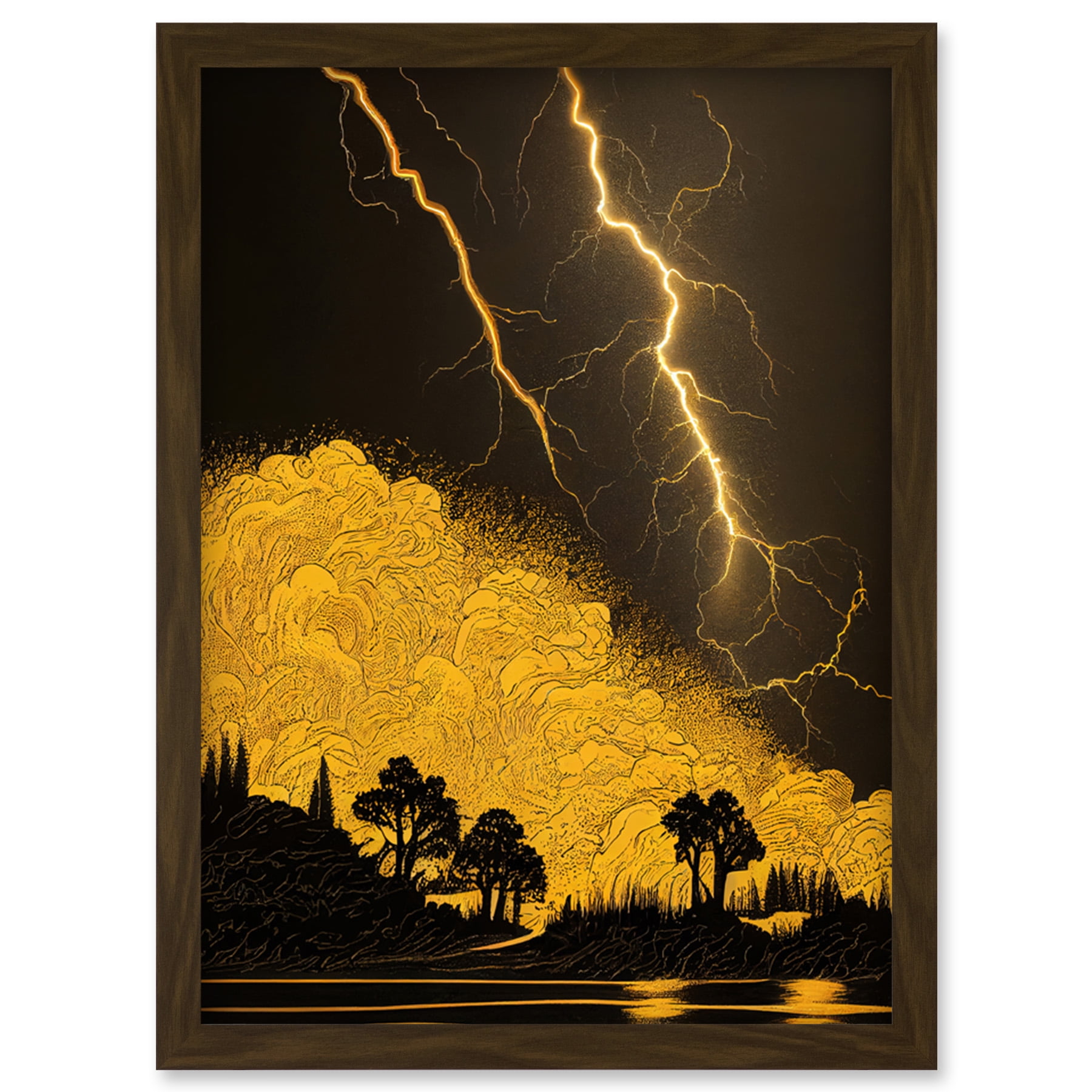 Gold and Black Thunder Storm with Bright Lightning at Lakeside Tree ...