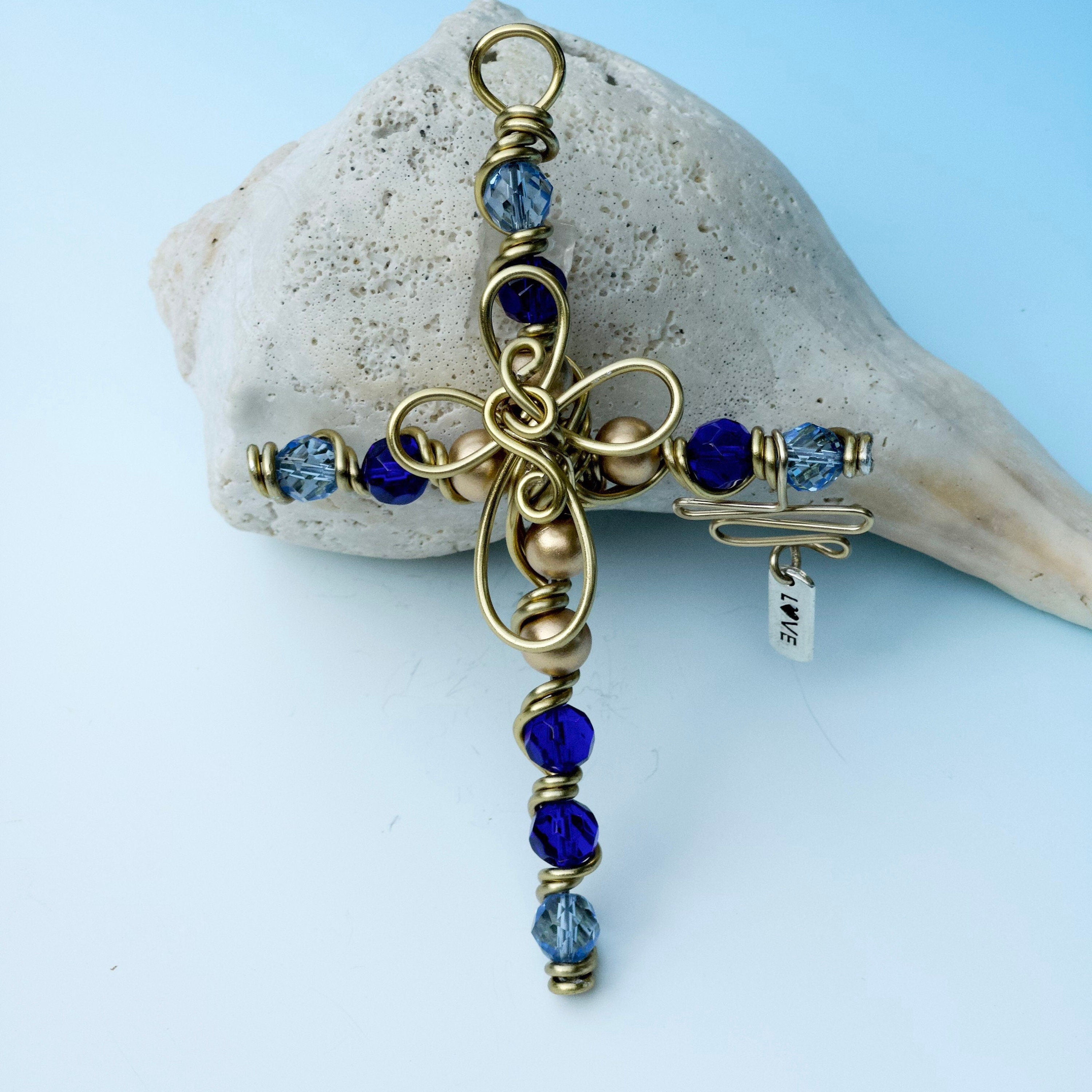 Gold and Blue Beaded Display Cross with Center Cross and Silver Stand ...