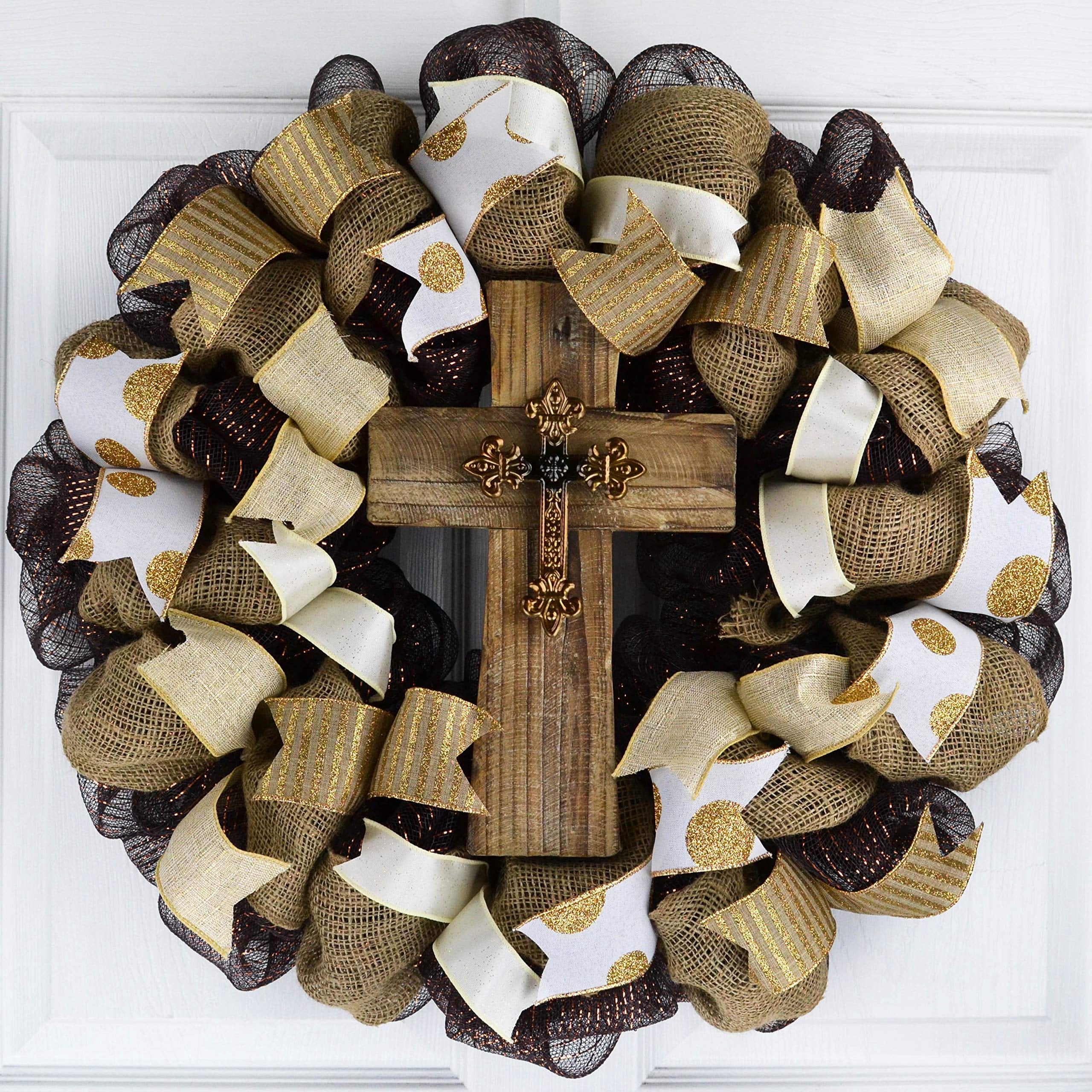 Gold and Burlap Cross Rustic Door Wreath | Cross Mesh Wreath | Gift for ...