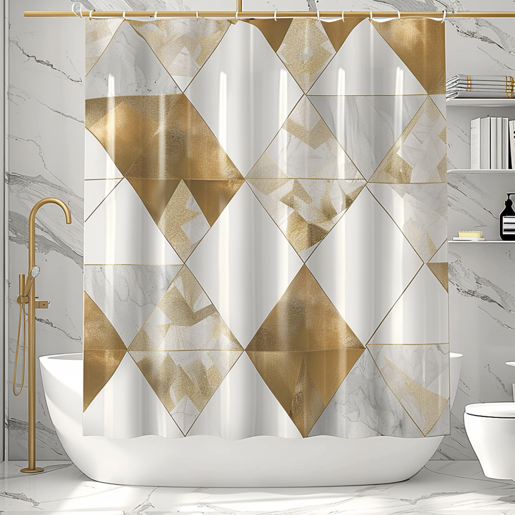 Gold And Marble Triangle Patterned Geometric Shower Curtain Stylish