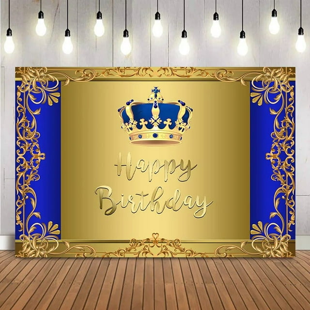 Gold and Royal Blue Birthday Backdrop Newborn Kids Happy Birthday Crown ...