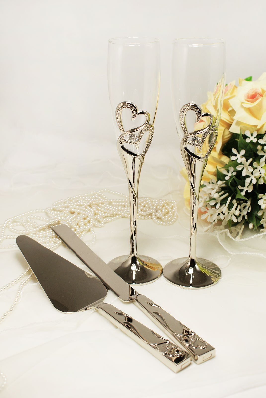 Gold and Silver Wedding Toasting Glass Knife and Wedding Cake Server ...