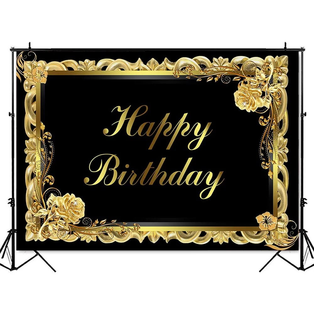 Gold glitter birthday photo background black happy birthday adult theme party decoration ...