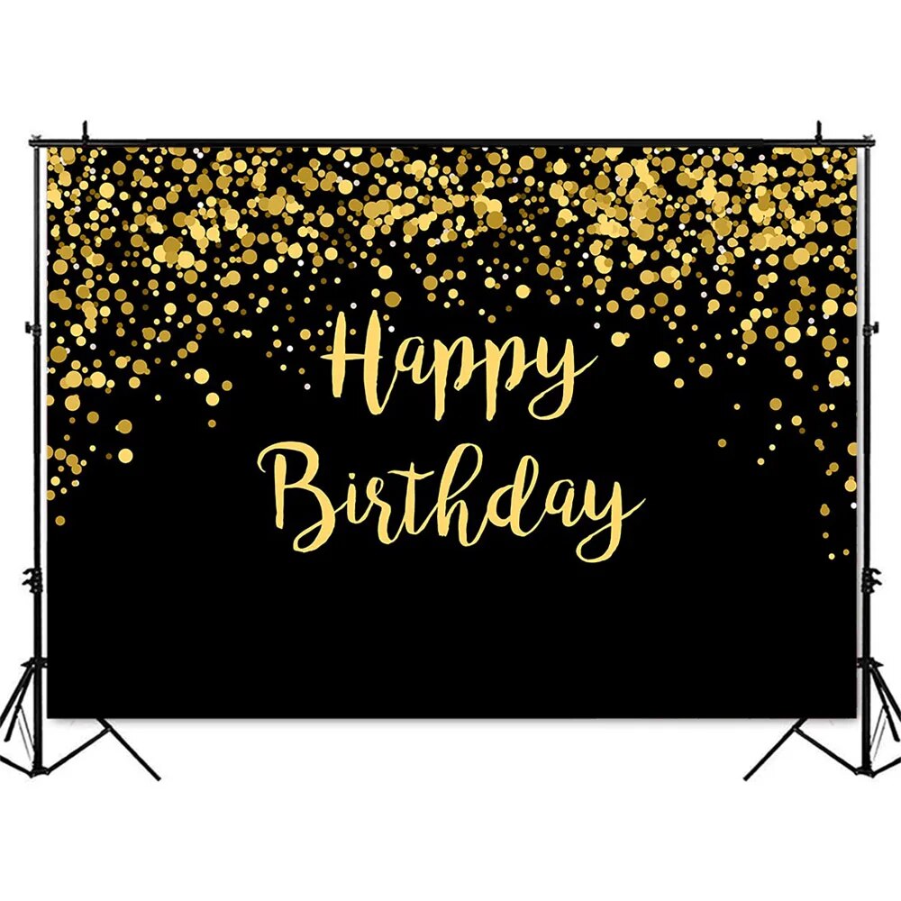 Gold glitter birthday photo background black happy birthday adult theme party decoration ...