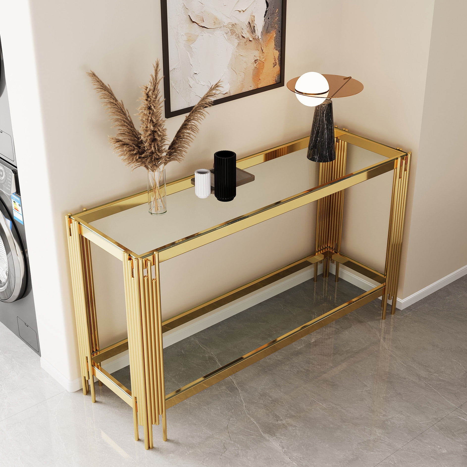 Gold metal double layer console table for luxury home and easy cleaning ...