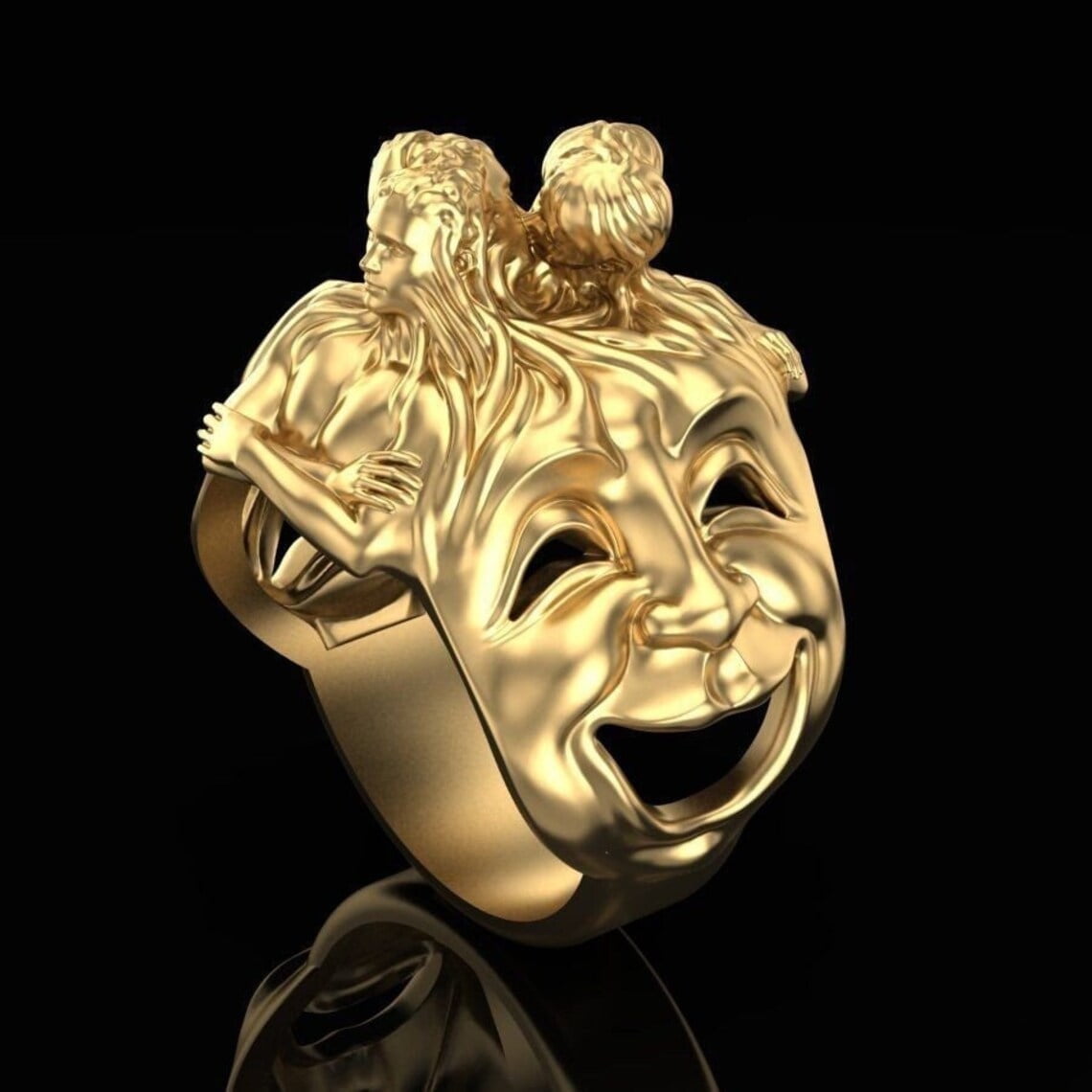 Gold over Comedy and Tragedy Ring, Theater Masks Textured Stackable ...