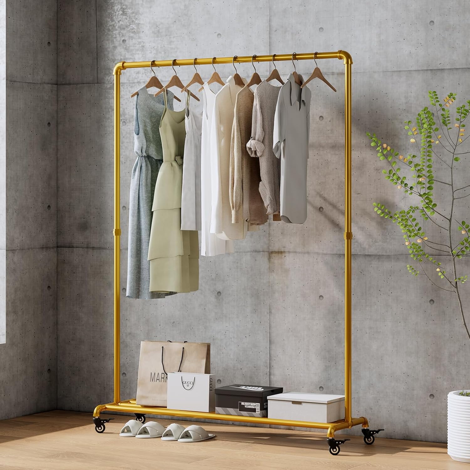 Gold pipe clothing rack with Bottom Shelf,rolling clothes rack heavy ...