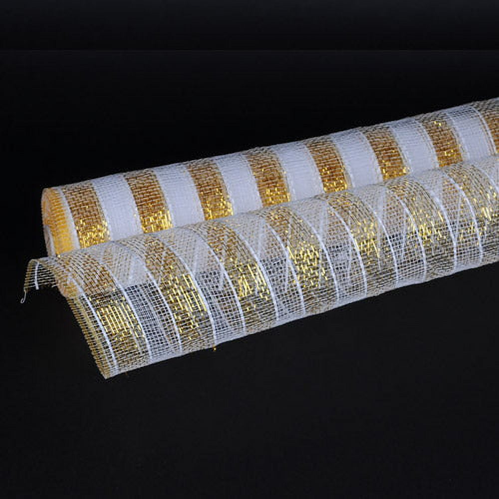 Gold with White - Poly Deco Mesh Wreath Material with Laser Mono Stripe ...